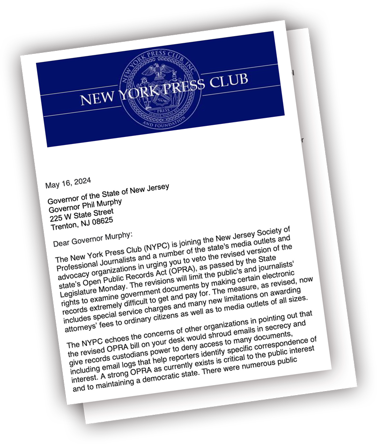 OPRA Letter to NJ Governor - The New York Press Club